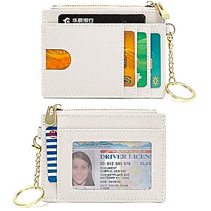 Small Pocket Wallet Slim RFID Blocking Card Holder Keychian Zipper Coin Purse Mini Cash & Coin & Cards Case for Women Men (White)