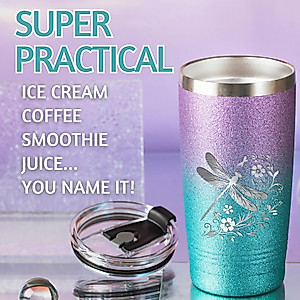 Onebttl Dragonfly Gifts, Dragonfly Coffee Travel Mug for Dragonfly Lovers, Men, Women, Daughter - Stainless Steel 20Oz Tumbler Glitter Purple and Blue