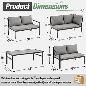 AECOJOY Aluminum Patio Furniture Set, Modern Outdoor Sectional Set, Patio Conversation Table and Chair Sets for Lawn, Backyard, and Deck with Grey Cushions