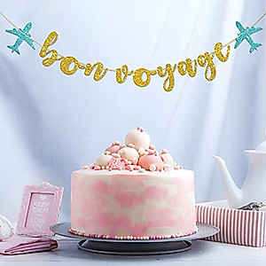 Halodete Bon Voyage Banner, Retirement Banner, Farewell, Going Away, Adventure Awaits Celebration Party Garland Bunting Decorations - Gold Glitter