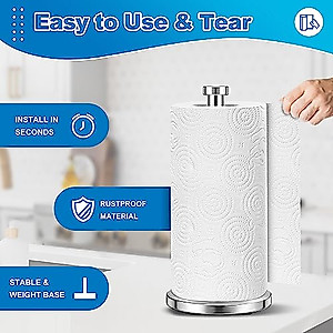 SMARTAKE Paper Towel Holder, Standing Kitchen Roll Holder with Suction Cups, One-Hand Tear Paper Towel Stand, Non-Slip Weighted Base, Fit Most Paper Rolls, for Kitchen Table Countertop, Silver