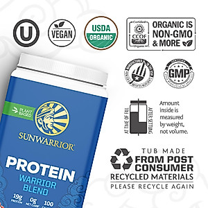 Vegan Organic Protein Powder Plant-based | BCAA Amino Acids Hemp Seed Soy Free Dairy Free Gluten Free Synthetic Free NON-GMO | Unflavored 30 Servings | Warrior Blend by Sunwarrior