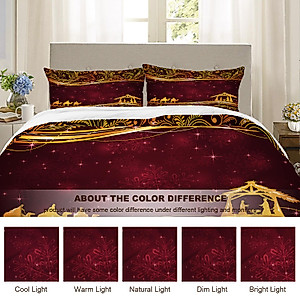 BaoNews Christmas Wise Men Duvet Cover Set Queen Size,3 Pieces Golden Star of Bethlehem Golden Floral Bedding Set Hotel Quality 100% Cotton Comforter Cover Set with 2 Pillowcases(No Filler)