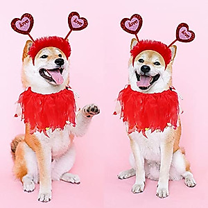 GOYOSWA Dog Valentines Outfit, Dog Valentine's Day Clothes Red Love Hearts Dog Headband Dog Collar with Red Ribbons Holiday Costumes for Small Medium Large Dogs