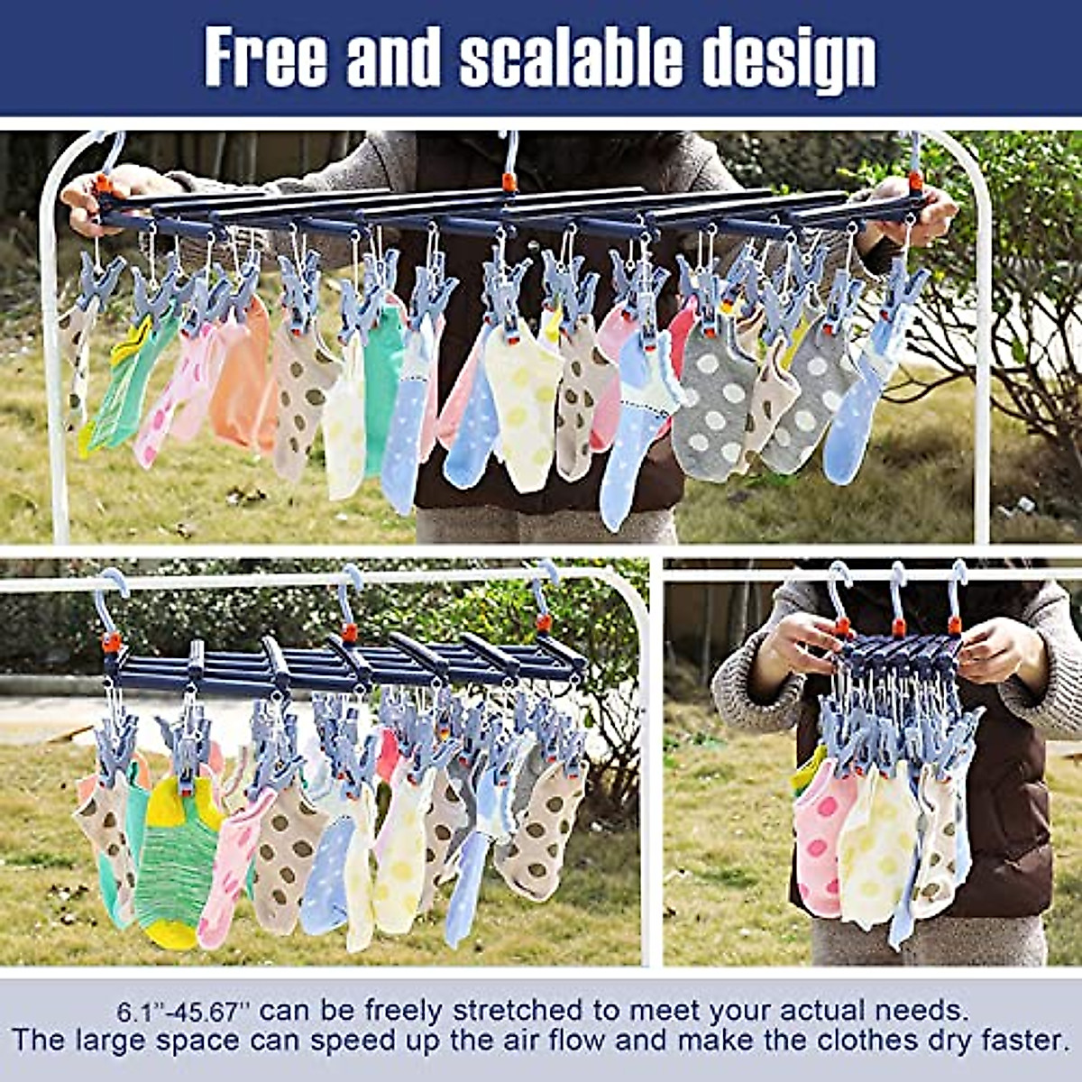 SHZMJL Foldable Clothes Drying Hanger with 29 Clips-Drip Hanger-Sock，Laundry Drying Rack Hanger for Socks Bras，The Clips Release Quickly,Large Clamp of Imitation Turbine (White)