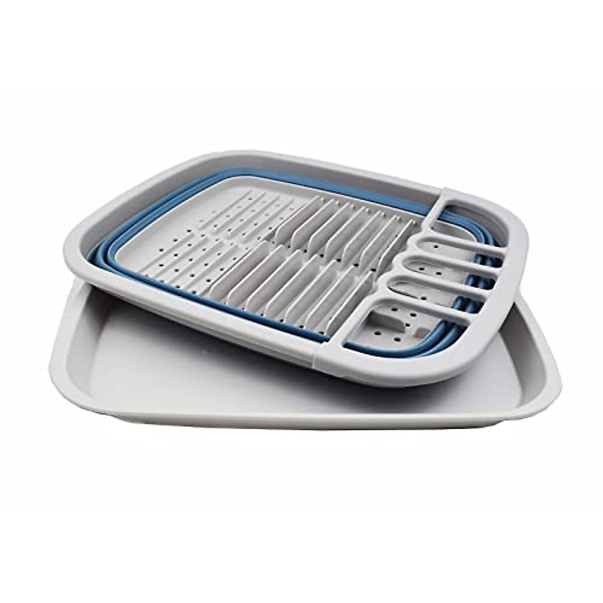 SAMMART 8L (2.11Gallons) Collapsible Dish Drainer with Drainer Board - Foldable Drying Rack Set - Portable Dinnerware Organizer - Space Saving Kitchen Storage Tray (Grey/Steel Blue, 1)