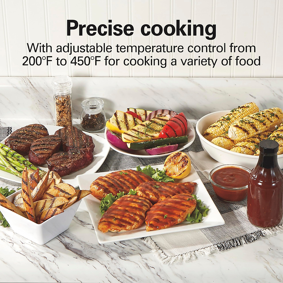 Hamilton Beach Electric Indoor Searing Grill with Adjustable Temperature Control to 450F, 118 sq. in. Surface Serves 6, Removable Nonstick Grate, Viewing Window, Stainless Steel