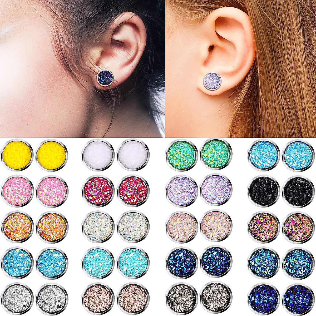 20 Pairs Druzy Stud Earrings Set Stainless Steel Earrings Pierced Earrings Jewelry for Women(Round)
