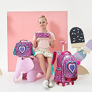JSMNIAI Rolling Backpack for Girls Backpack with Wheels Kids Luggage for Elementary Students with Lunch Box Set Love Travel Suitcase for Girls Age 6-8
