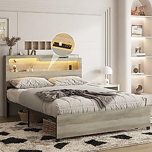 Fameill Full Size Bed Frame with 2-Tier Headboard, Metal Platform Bed Frame RGB Led Lights with Charging Station, No Box Spring Needed, Noise Free