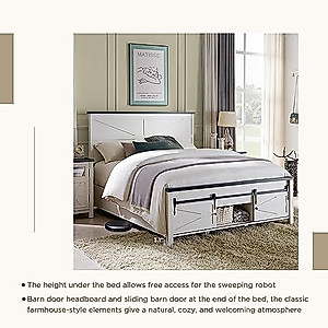 JXQTLINGMU 14" Full Bed Frame and Headboard, Wood Farmhouse Bed Frame with Sliding Barn Door Storage, Curved Wood Slats Support, Noiseless, No Box Spring Needed, Rustic White