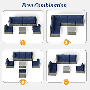 May in Color 7-Piece Modular Outdoor Sectional Wicker Patio Furniture Set with Coffee Table for Porch Balcony Backyard, Dark Blue