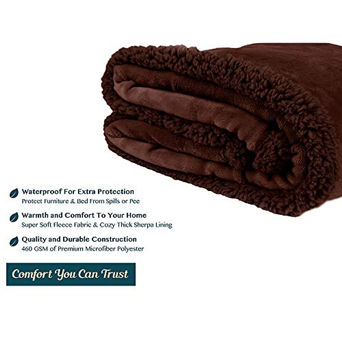 Pavilia Waterproof Couch & Dog Blanket | Plush Soft Warm Fuzzy Sherpa, Brown, 90x90