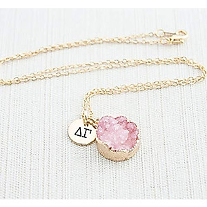 Sorority Shop DG Necklace - Delta Gamma Pink Druzy Gemstone Necklace With Engraved Pendant – 14K Gold Dipped Jewelry with Pink Gemstone – Sorority Gift, Charm Paraphernalia