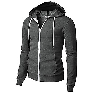 H2H Mens Slim Fit Zip Up Lightweight Long Sleeve Hoodies CHARCOAL US S/Asia M (CMOHOL048)