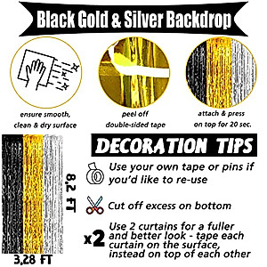 4 Pack 3.2Ft x 8.2Ft Black Gold Silver Fringe Curtain Backdrop, Metallic Tinsel Foil Fringe Streamers Curtains Background for Wedding Notorious One Birthday Roaring 20s Graduation Party Decoration