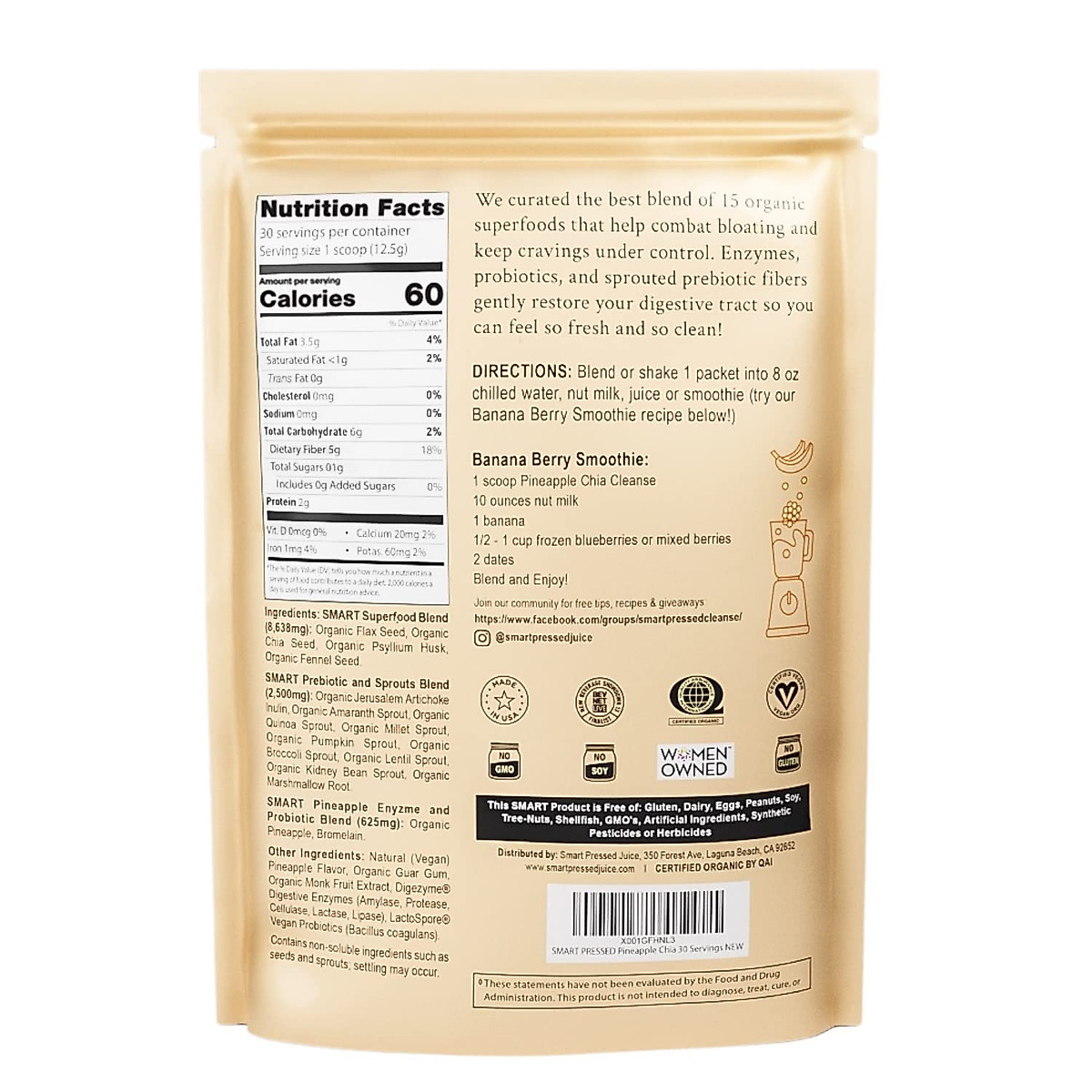 SMART Pressed Juice Pineapple Chia Cleanse | Prebiotic Superfood Plant Based Fiber with Vegan Probiotics & Enzymes | 30 Servings (Packaging May Vary)