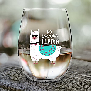 No Drama Llama Funny Stemless Wine Glass Cup (15 oz) - Cute Llama Gifts for Women Adults- Novelty Wine Glasses with Cute Sayings for Women- Llama Llama Decor- Made in USA