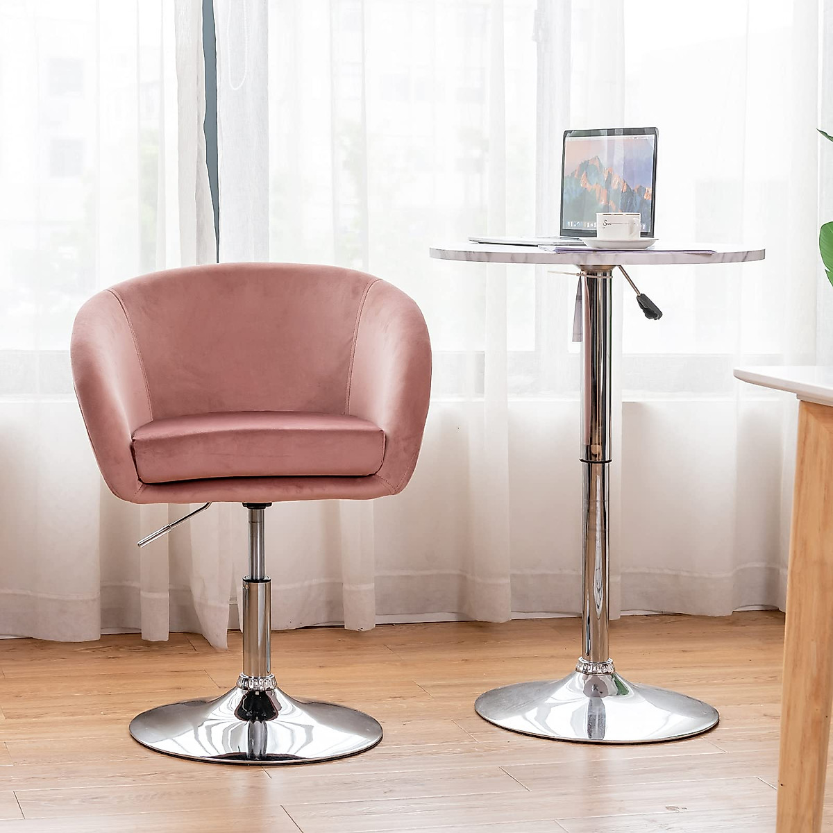 COSTWAY Vanity Chair, Height Adjustable Modern Velvet Makeup Chair with Chrome Frame, Round-Back, Comfortable Swivel Accent Leisure Chair for Living Room, Bedroom (Pink)