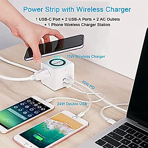 Power Strip with USB C Ports, KingTSYU Travel Surge Protector Tower Extension Cord with 2USB A/2AC Outlets/Phone Wireless Charger, PD 45W Fast Charging Power Deliveryfor Laptop MacBook Pro,Dorm/Office