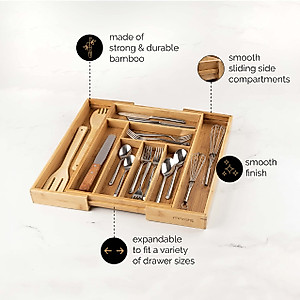 Bamboo Kitchen Drawer Organizer - Easily Adjust The Wooden Tray Width to Drawer Size, Deep Enough to Fit Entire Drawer and Accommodates Different Kitchen Utensil and Cutlery Sizes.