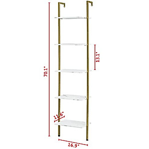 Tajsoon Industrial Bookcase, Ladder Shelf, 5-Tier Wood Wall Mounted Bookshelf with Stable Metal Frame, Open Display Rack, Storage Shelves for Bedroom, Home Office, Plant Flower, White & Gold
