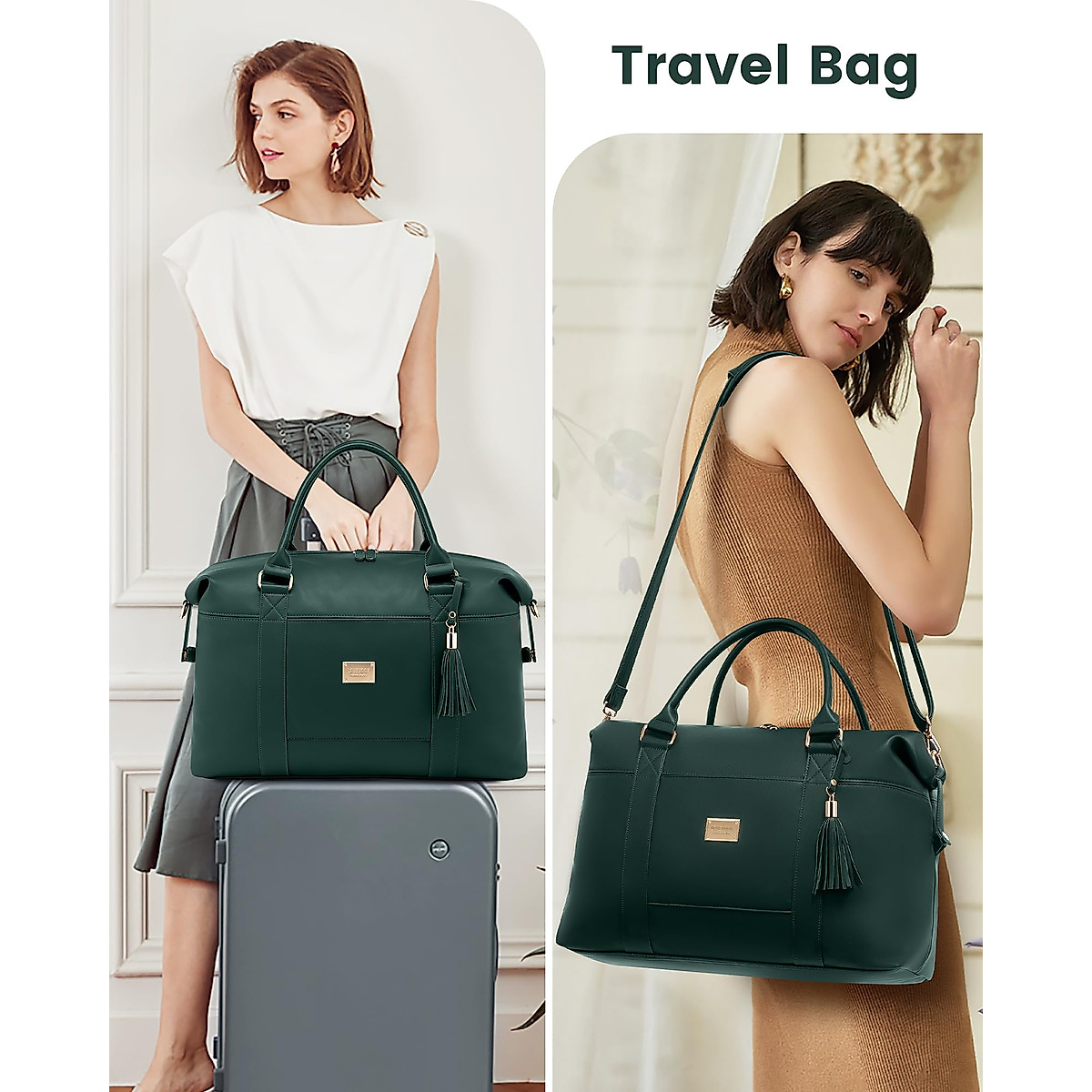 LOVEVOOK Travel Duffle Bag for Women, Leather Carry On Weekender Bag with Toiletry Bag, Waterproof Overnight Bag Tote Gym Duffel Bag with Wet Pocket for Hospital Yoga Sports Dance Green