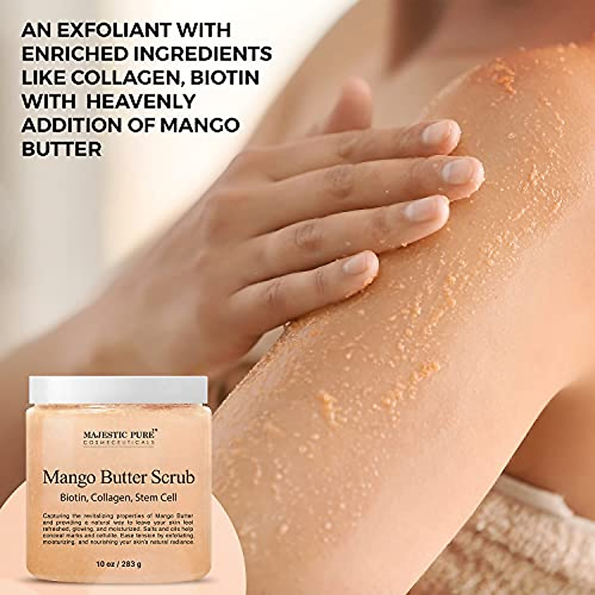 Majestic Pure Mango Butter Body Scrub - With Biotin, Collagen, Stem Cell - Exfoliating Salt Scrub to Exfoliate and Moisturize Skin - Deep Skin Cleanser - Natural Skin Care for Men and Women - 10 oz