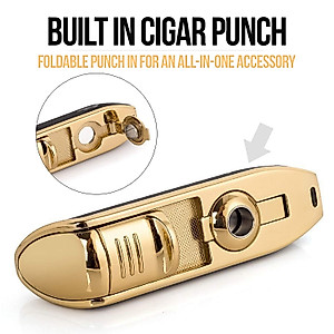 Mrs. Brog Cigar Lighter Triple Flame Torch with Built in Cigar Punch (Butane Gas Not Included) - Pocket Size 3 Adjustable Wind Proof Jet Flames - Ergonomic Grip