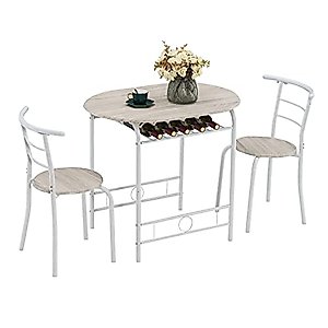 VINGLI 3 Piece Dining Set,Small Kitchen Table Set for 2,Breakfast Table Set,Kitchen Wooden Table and 2 Chairs for Small Space/Dining Room/Apartment,Metal Frame,Wine Rack,White&Light Oak