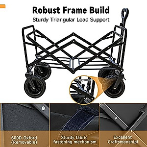 SaSupfe XXL Foldable Wagon Cart with Brake Collapsible Heavy-Duty Alloy Steel Frame, 330+ lbs Capacity, All-Terrain Wheels for Sports,Fishing,Outdoor Camping and Shopping(White)