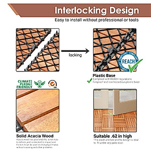 PrimeZone 27 PCS Solid Acacia Wood Interlocking Patio Deck Tiles - 12" x 12" Indoor Outdoor Waterproof Flooring Tiles for Balcony, Backyard, Garden & Poolside, All Weather Use, Natural Wood