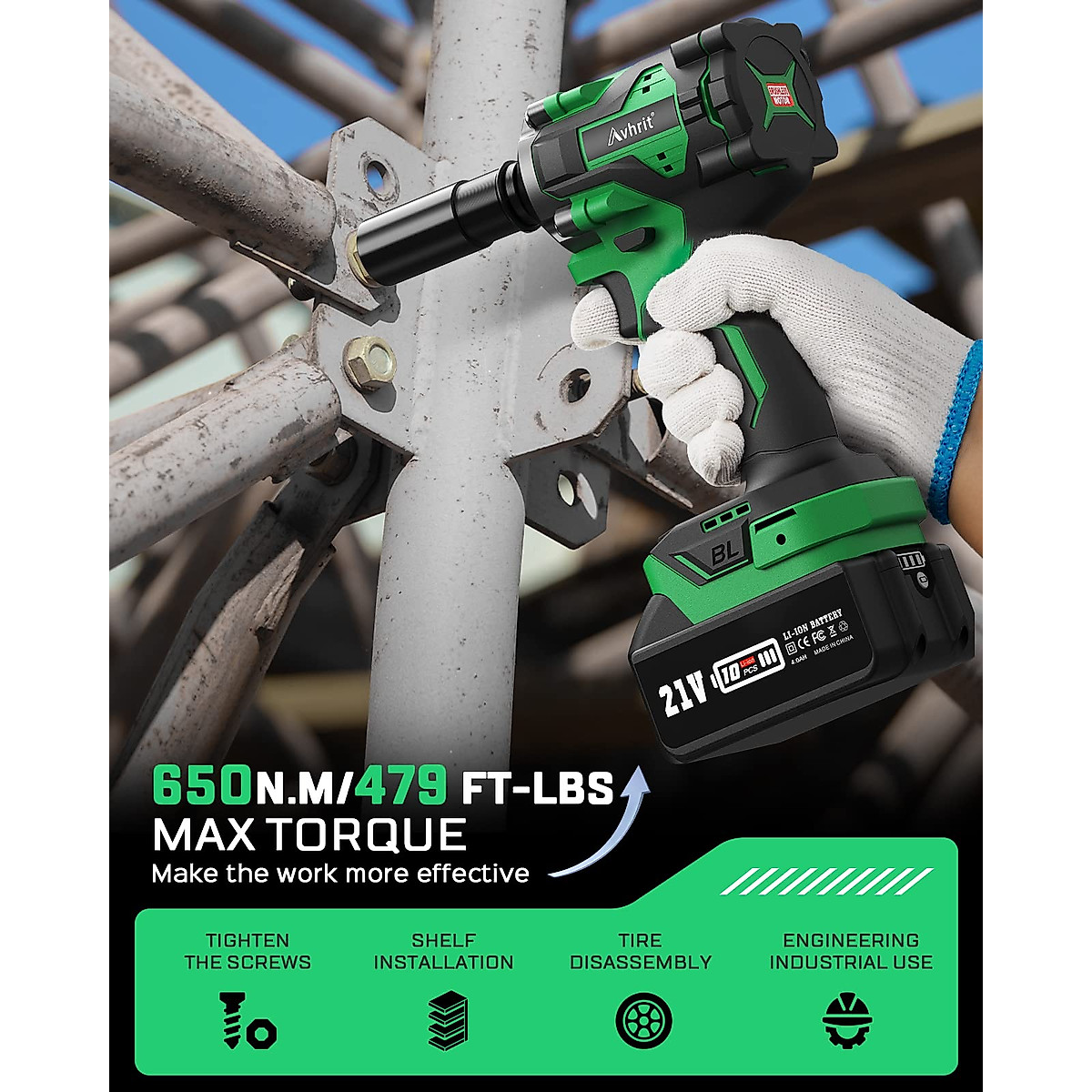 Avhrit Impact Wrench with 2Pcs Batteries, 650Nm/479ft-lbs 1/2, Cordles,s Compact , Brushless, Impact Driver Kit for Car Tires Home