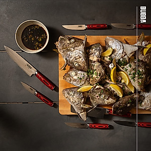 BUBBA Complete Kitchen and Steak Knife Set for all your kitchen cutting needs with G10 Handles, Premium German Stainless Steel and a Parawood Knife Block