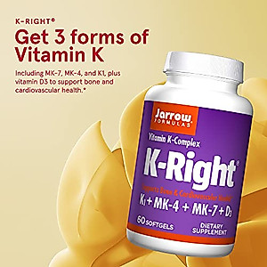 Jarrow Formulas K-Right - Dietary Supplement for Bone & Cardiovascular Health Support - Contains Vitamin D3 & Three Forms of Vitamin K Including MK-7 - 60 Servings (PACKAGING MAY VARY)