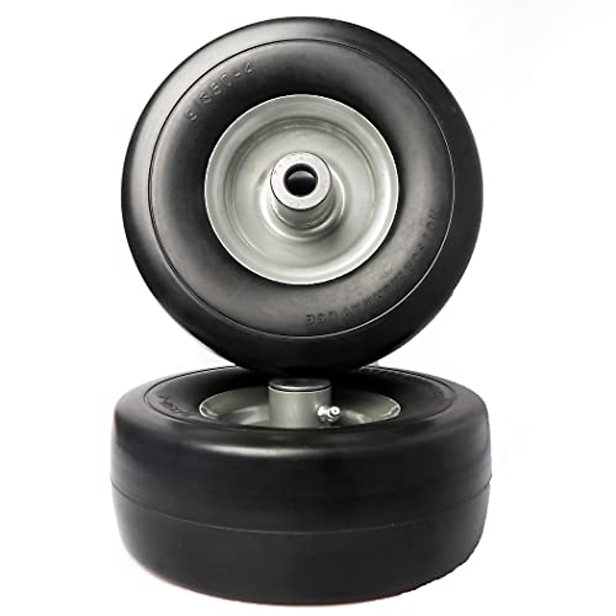 AR-PRO (2-Pack) 9x3.50-4” Flat Free Lawnmower Tire and Wheel Assemblies - PU Tire on Wheel and Adapter Kits with 4" Centered Hub, 3/4" Bushings