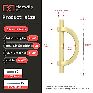 homdiy 2 Pack Brushed Gold Cabinet Pulls 3.75" Drawer Half Moon Handles for Dresser Kitchen Hardware, 3-3/4 inch(96mm) Hole Centers