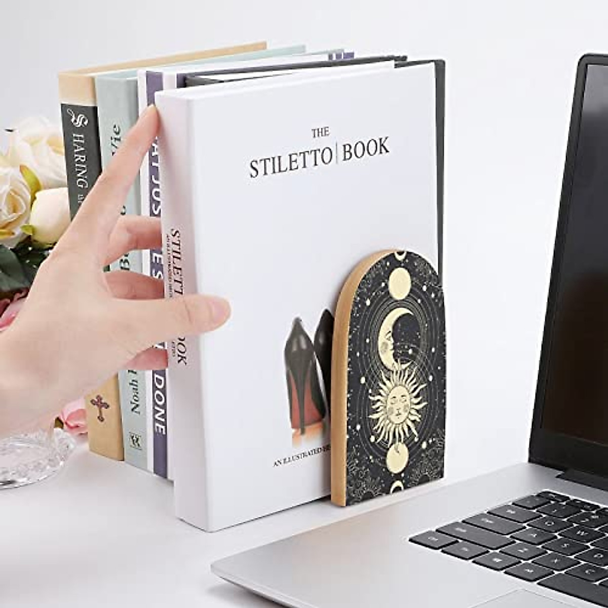 NFGSE Book Ends, Mystical Sun Face Moon Crescent Magic 2 Pcs 5 X 3 Inch Modern Home Decorative Bookends for Shelves, Fashion Design Wood Book Stopper for Heavy Books Office School Home Kitchen Planets