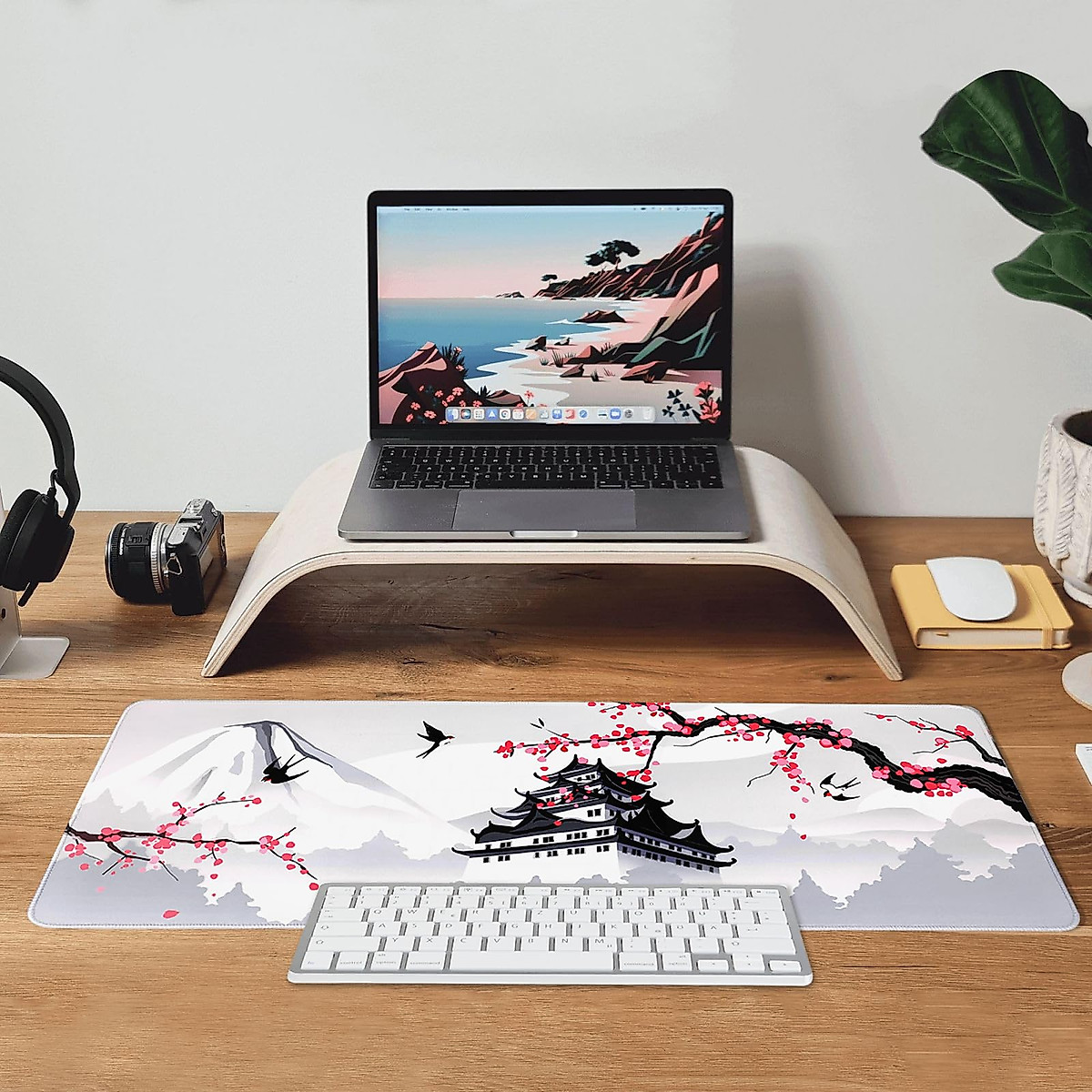 Japanese Cherry Blossom Gaming Mouse Pad 31.5x11.8in Pink Full Desk Japanese Sakura Gaming Mouse Pad Large Non-Slip Rubber Base Waterproof Big Keyboard Mat with Stitched Edges for Gaming Office