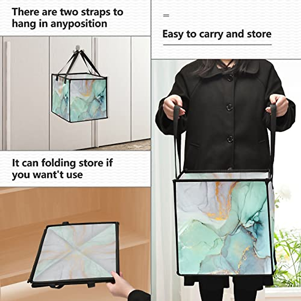 Blueangle Green Marble Texture Cube Storage Bin with Handles, 13 x 13 x 13 in, Large Collapsible Organizer Storage Basket for Home Décor（492）
