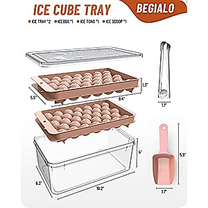 ICEDIVER Ice Cube Tray, Round Ice Trays for Freezer with Lid and Bin, Circle Ice Mold Making 66 x 1.0IN Small Ice Balls,Sphere Ice Makers with Ice Buckets Tongs & Scoop (Pink)