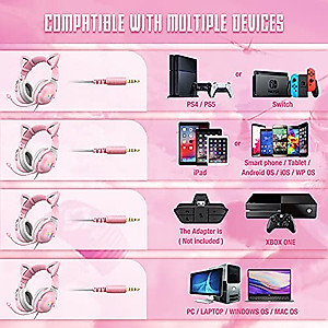 HOLULU Surround Sound Headphones with 3.5mm & USB C Plug, Compatible with PC Mobile Phones Tablet, PS5 PS4 Xbox One(Adapter Not Included) Gaming Headset with Detachable Cat Ears, RGB, Removable Mic…