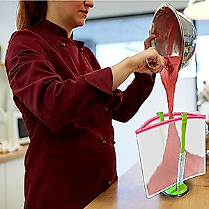 Baggy Rack (2-Pack) Ziplock Bag Holder Stand + Reusable 1 Gallon Freezer Bags (4-Pack) - Hands-Free Food Storage Bag Rack for all Size Food Prep Sandwich Bags + 4 Thick PEVA / Silicone Freezer Baggies