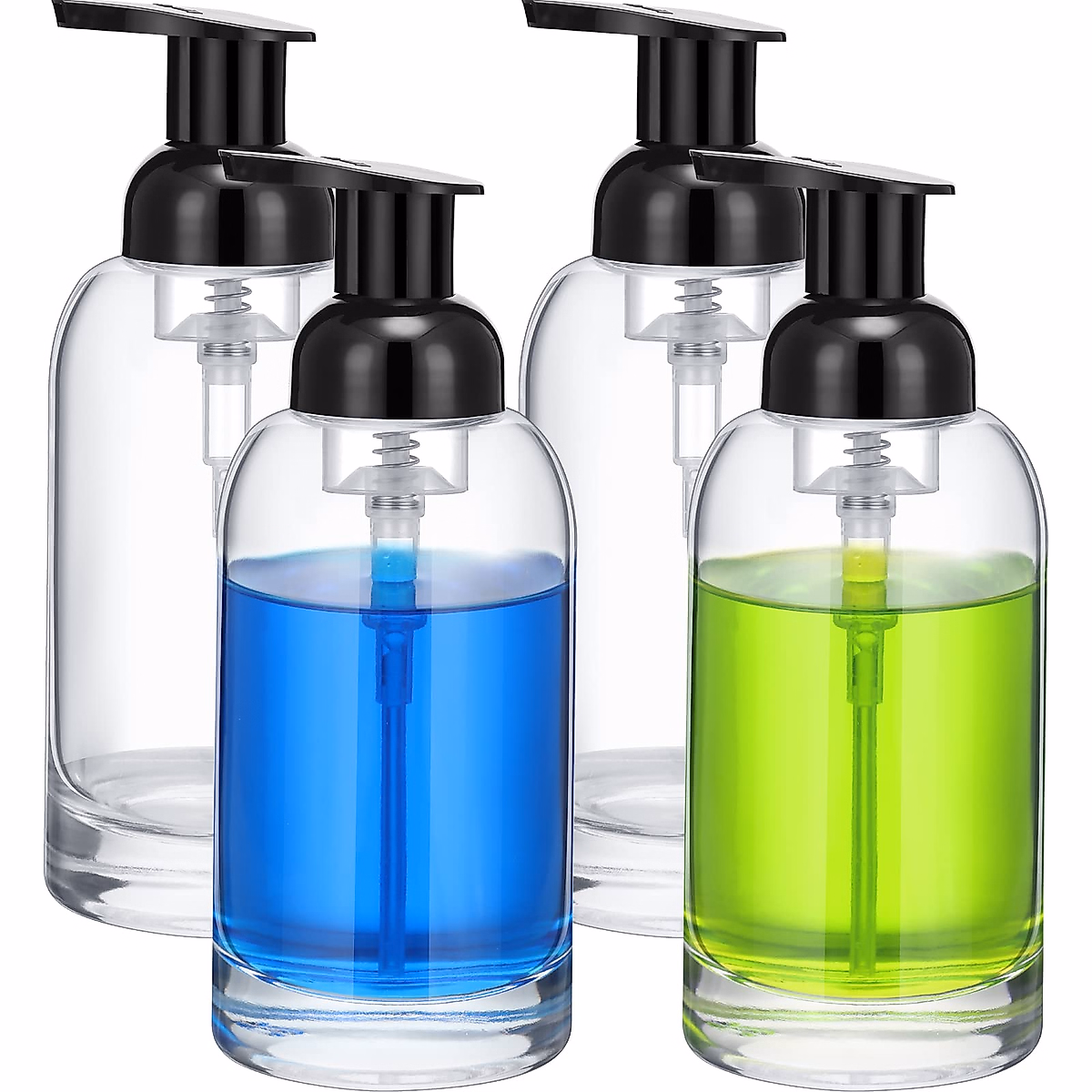 Eccliy 4 Pack 13 Oz Clear Glass Jar Soap Dispenser with Foaming Pump, Clear Thick Hand Liquid Dish Soap Dispenser Round Bottles for Bath Home Kitchen Oil Lotion(Clear)