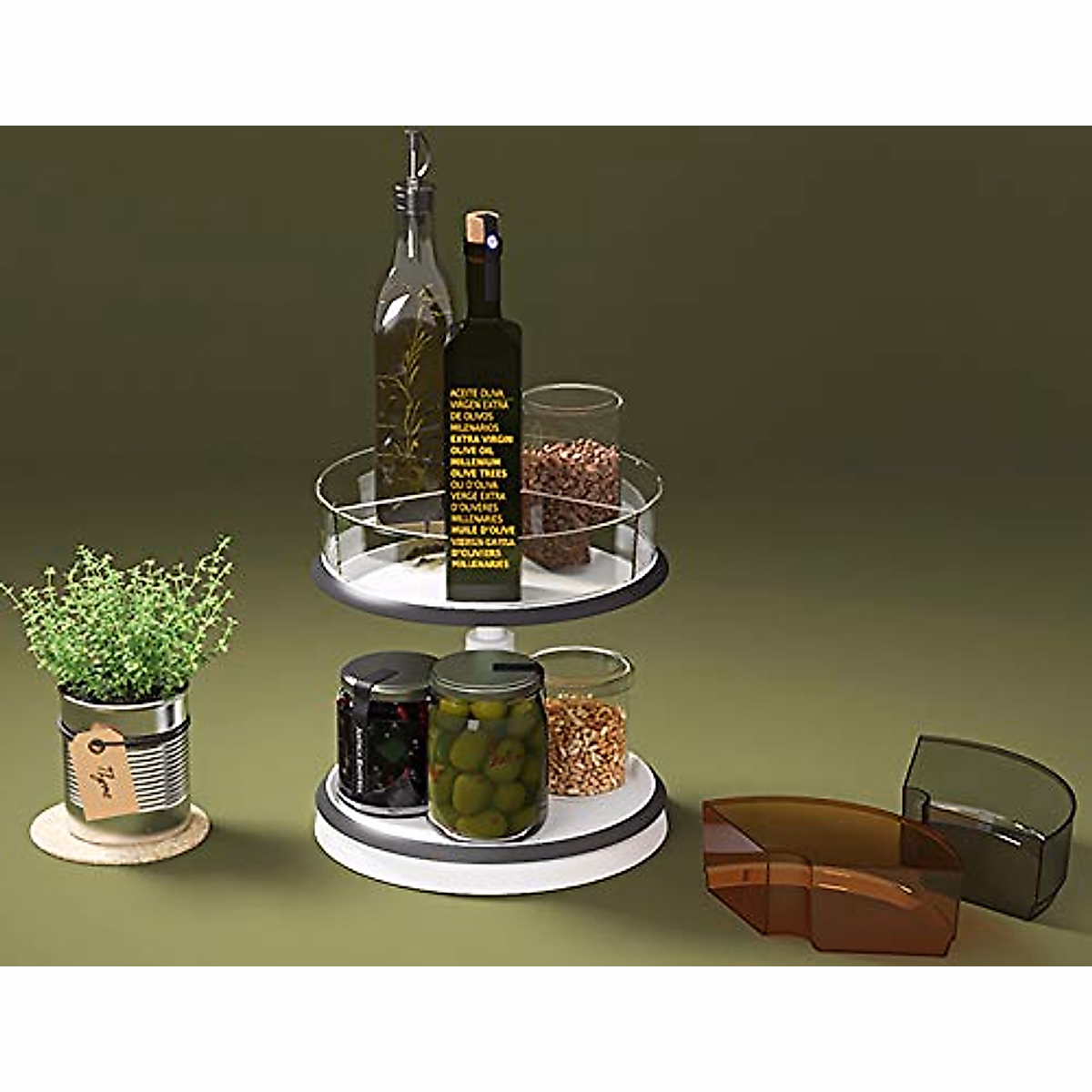 Yesland 2-Tier Lazy Susan Turntable with Large Bin and 3 Dividers, 11.25'' Height Adjustable Cabinet and Spice Rack Organizer with Removable Clear Storage Bins for Kitchen Pantry Snack Fruit Makeup