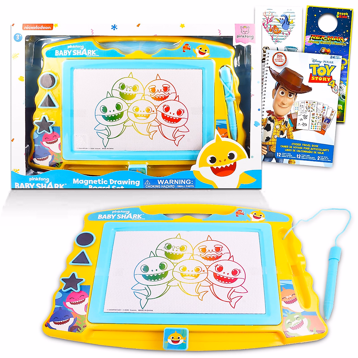 Pink Fong Baby Shark Baby Shark Magnetic Drawing Board Set - Bundle Baby Shark Drawing Board Kids and Toddlers Plus Finding Dory Stickers, Toy Story Travel Book, and More (Baby Shark Drawing Pad)