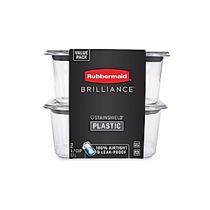 Rubbermaid 2-Piece Brilliance Food Storage Containers with Lids for Lunch, Meal Prep, and Leftovers, Dishwasher Safe, 4.7-Cup, Clear/Grey
