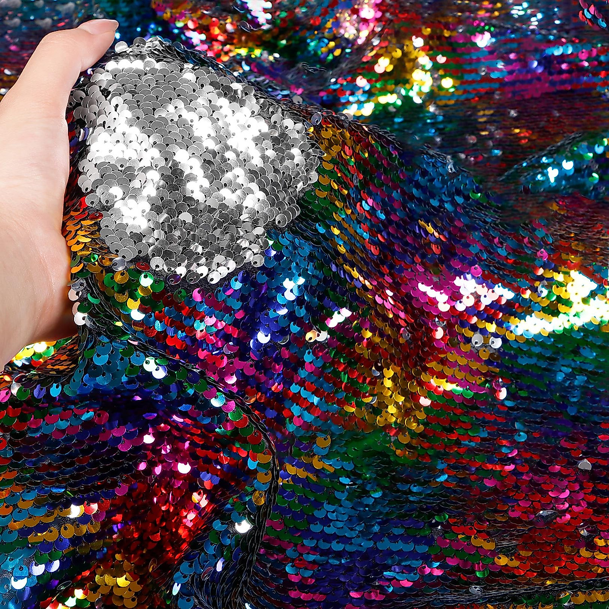 ShinyBeauty Rainbow to Silver Fabric by The Yard 1 Yards Mermaid Fabric Sequin Fabric Flip up Silver Reversible Fabrics for Sewing Glitter Material Cutting Dress/Clothing/Party Decor