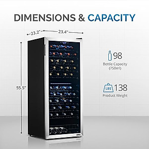 NewAir Freestanding 98 Bottle Dual Zone Compressor Wine Fridge with Low-Vibration Ultra-Quiet Inverter Compressor, Adjustable Racks and Exterior Digital Thermostat