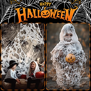 47.5 x 157.5In Spider Webs Halloween Decorations, 400Sqft Giant Stretchy Beef Netting Cut-Your-Own Spider Webbing Bulk with Fake Cobweb Spider, Landscape Stake for Garden Home Outdoor Halloween Décor